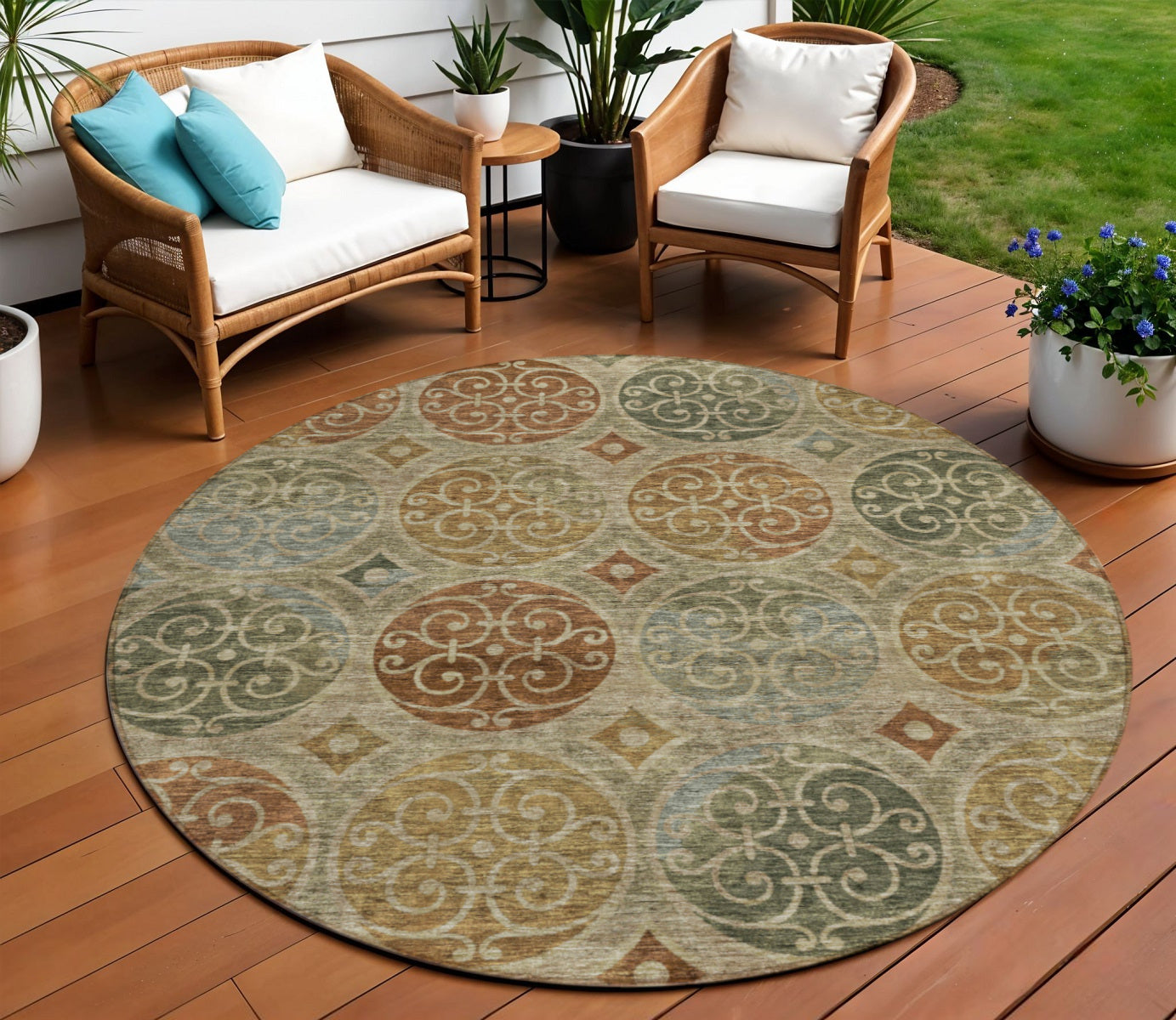 8' Taupe Green And Gold Round Trellis Washable Indoor Outdoor Area Rug ...