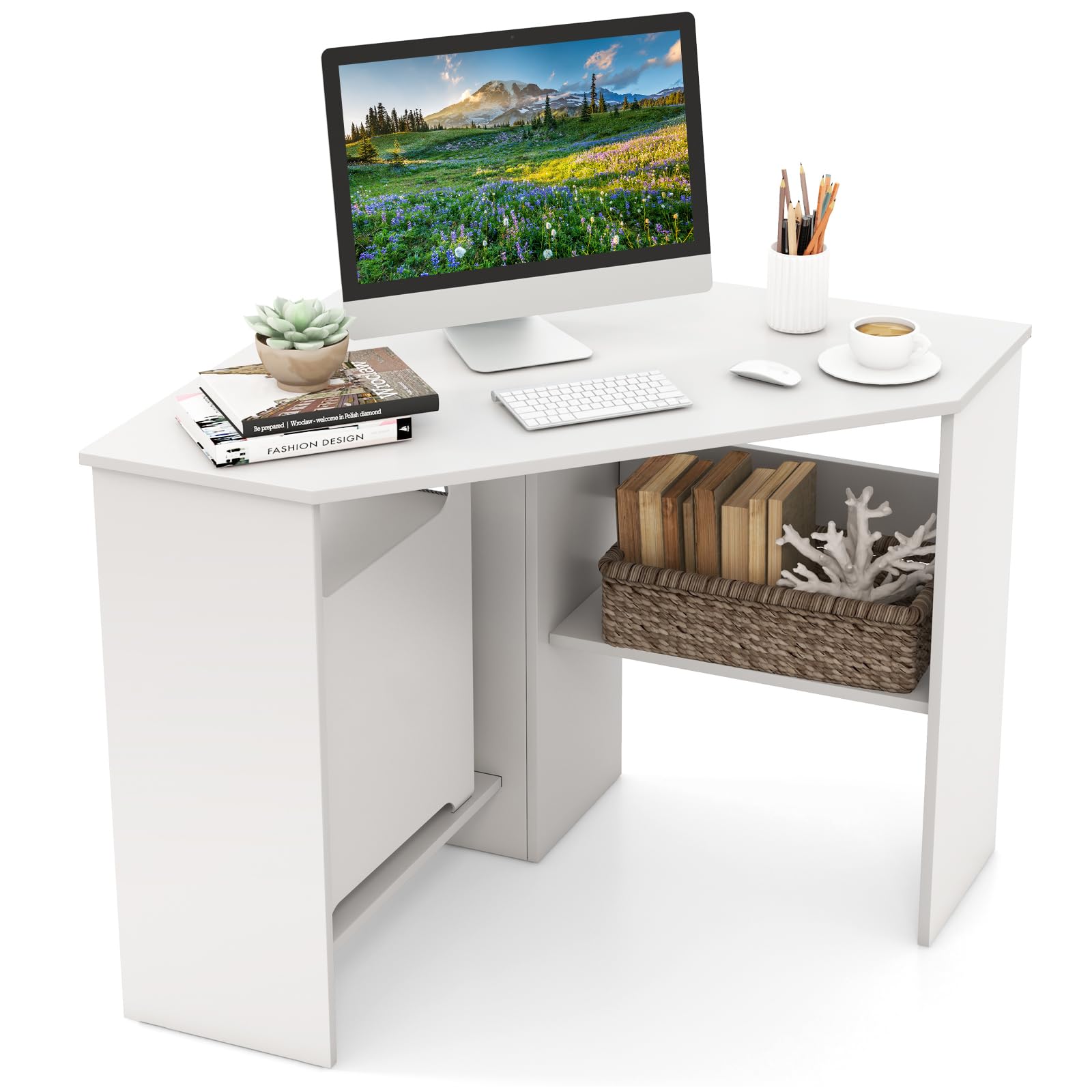GOFLAME Corner Desk with Storage Shelves, Triangular Computer Desk wit ...