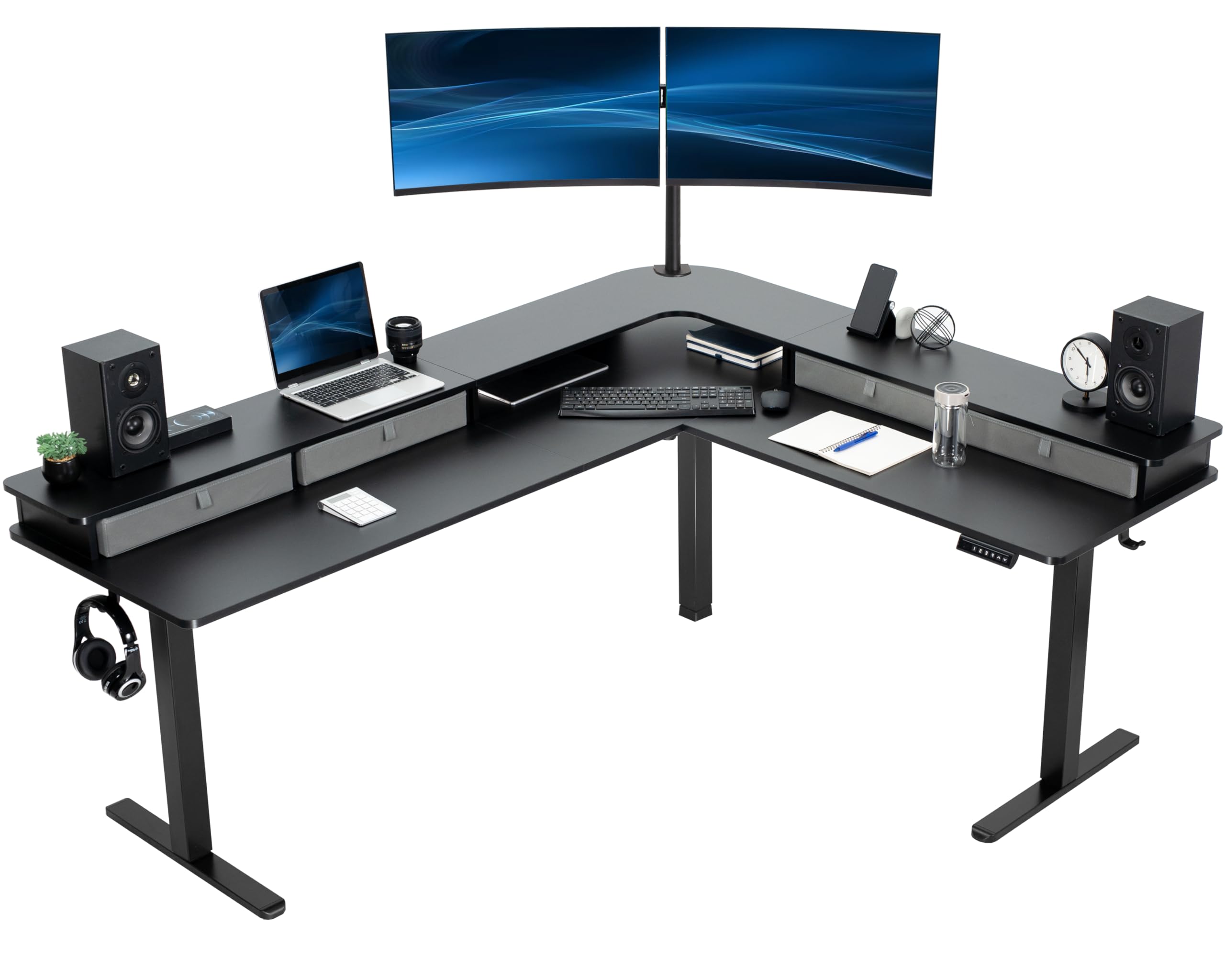 VIVO Electric Mobile Corner 75 x 63 inch 2 Tier Stand Up L-Shaped Desk ...