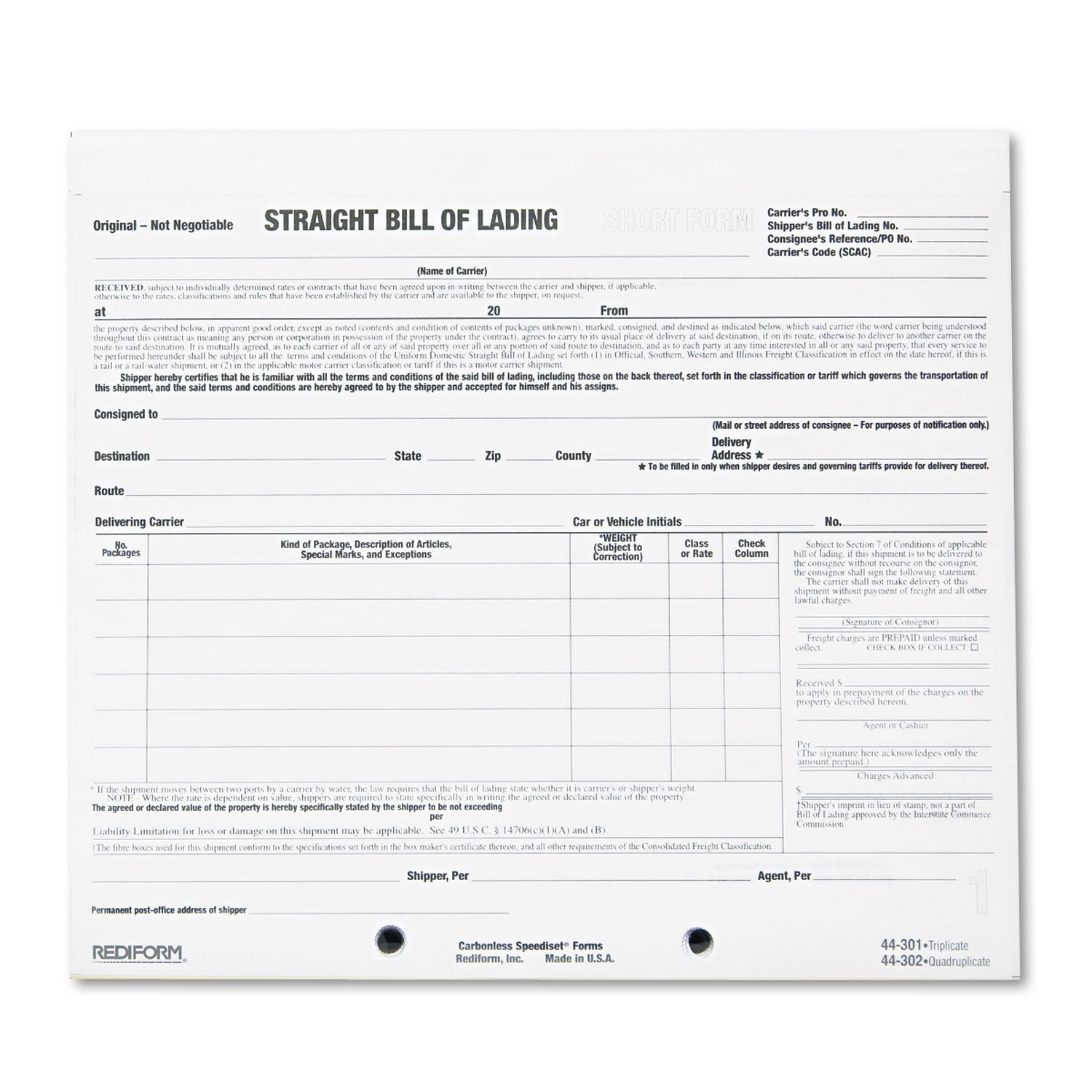 Rediform Snap-A-Way Bill Of Lading, Short Form, Three-Part Carbonless ...