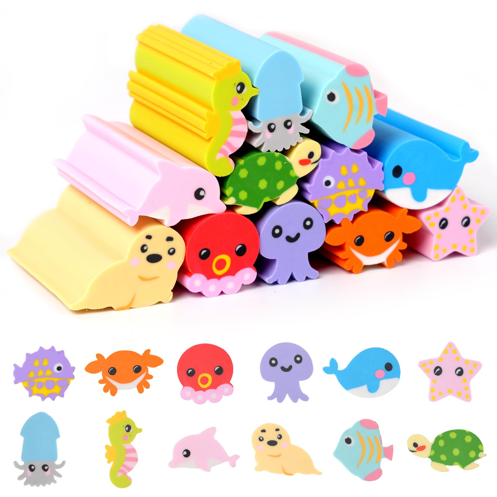 Wolpark 12Pcs Long Sea Animal Erasers For Kids, 3D Novelty Seal Crab P ...