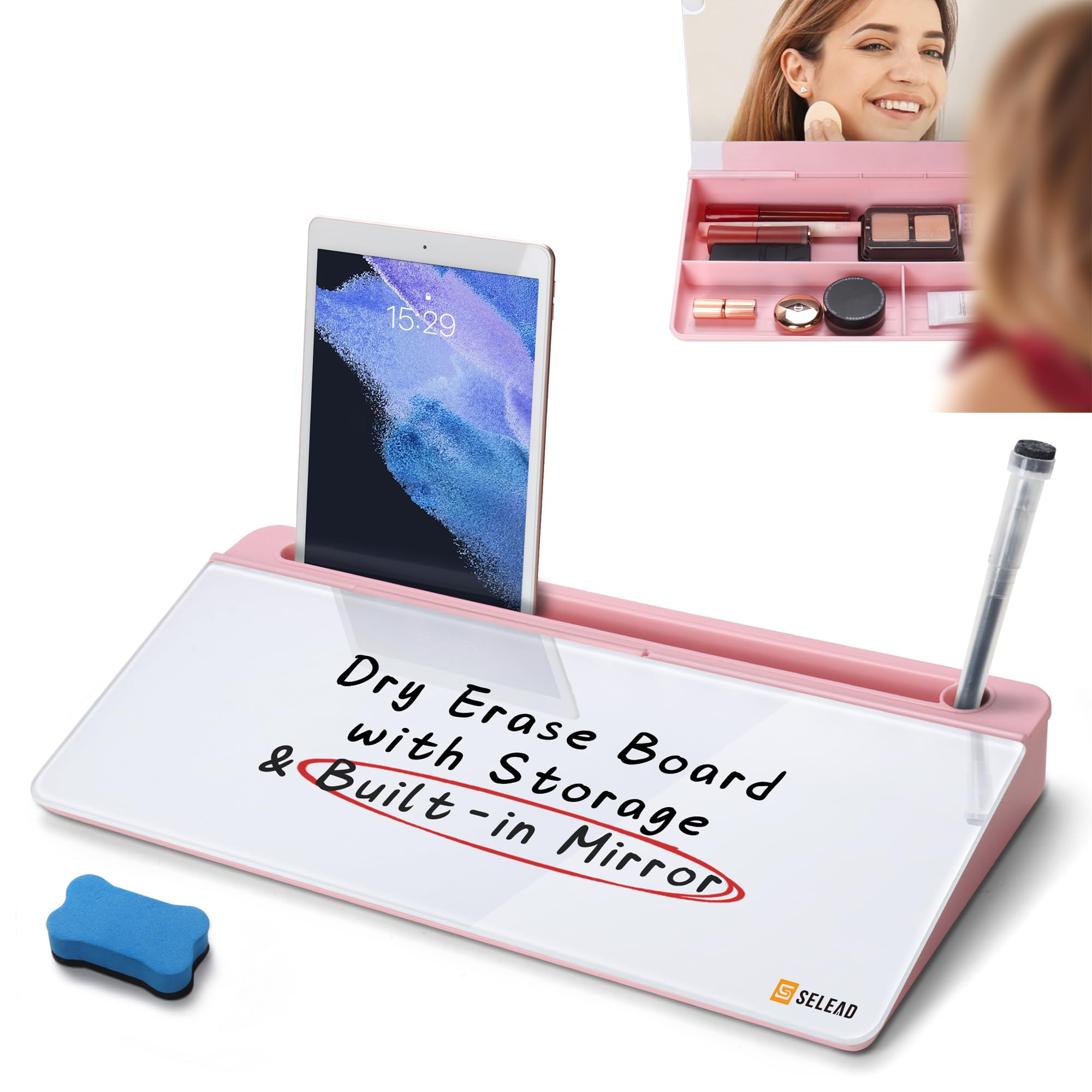 Selead Desktop Glass Whiteboard With Organizer & Built-In Mirror - Sma ...
