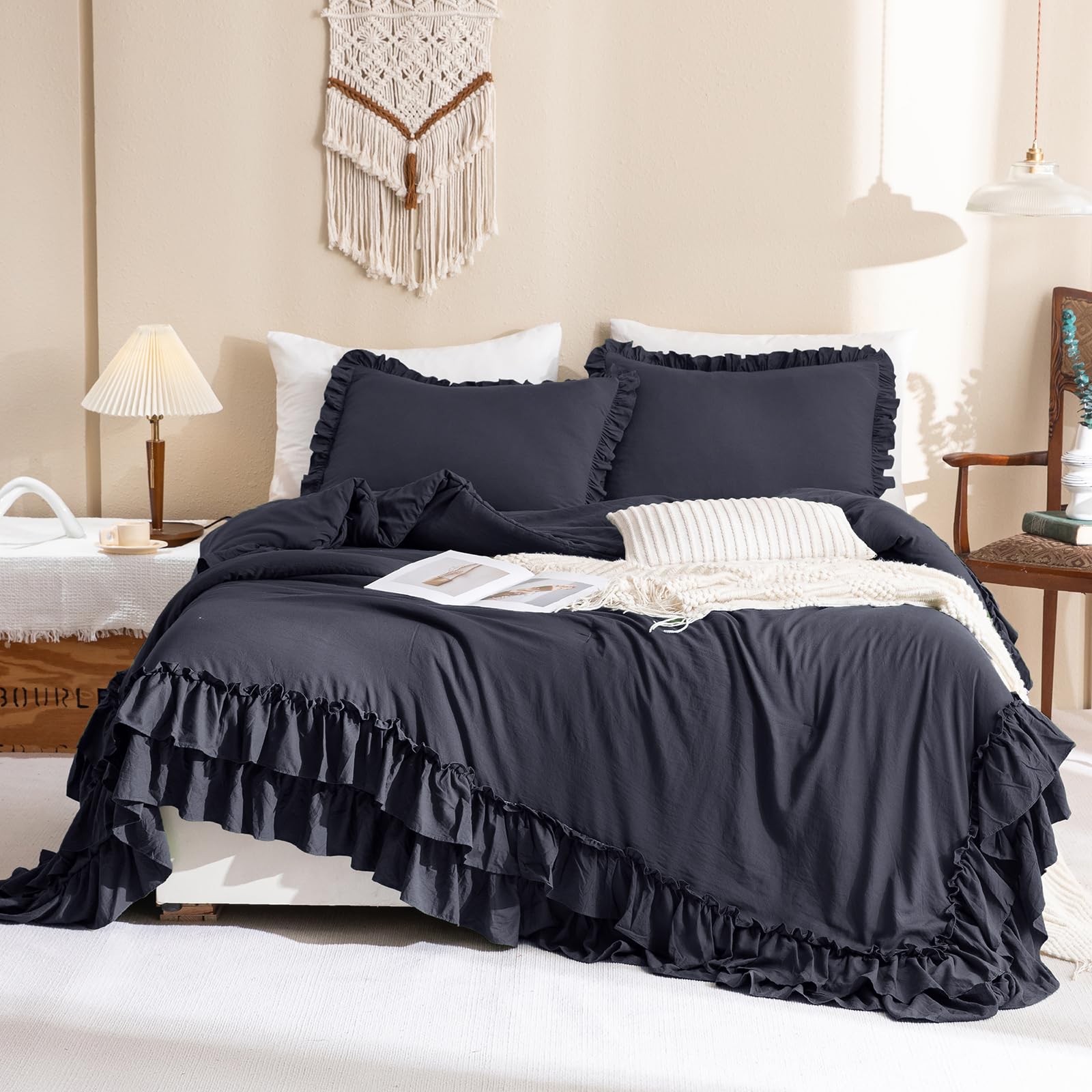 Masaca Dark Gray Ruffled Comforter Set King,Farmhouse Shabby Boho Chic ...