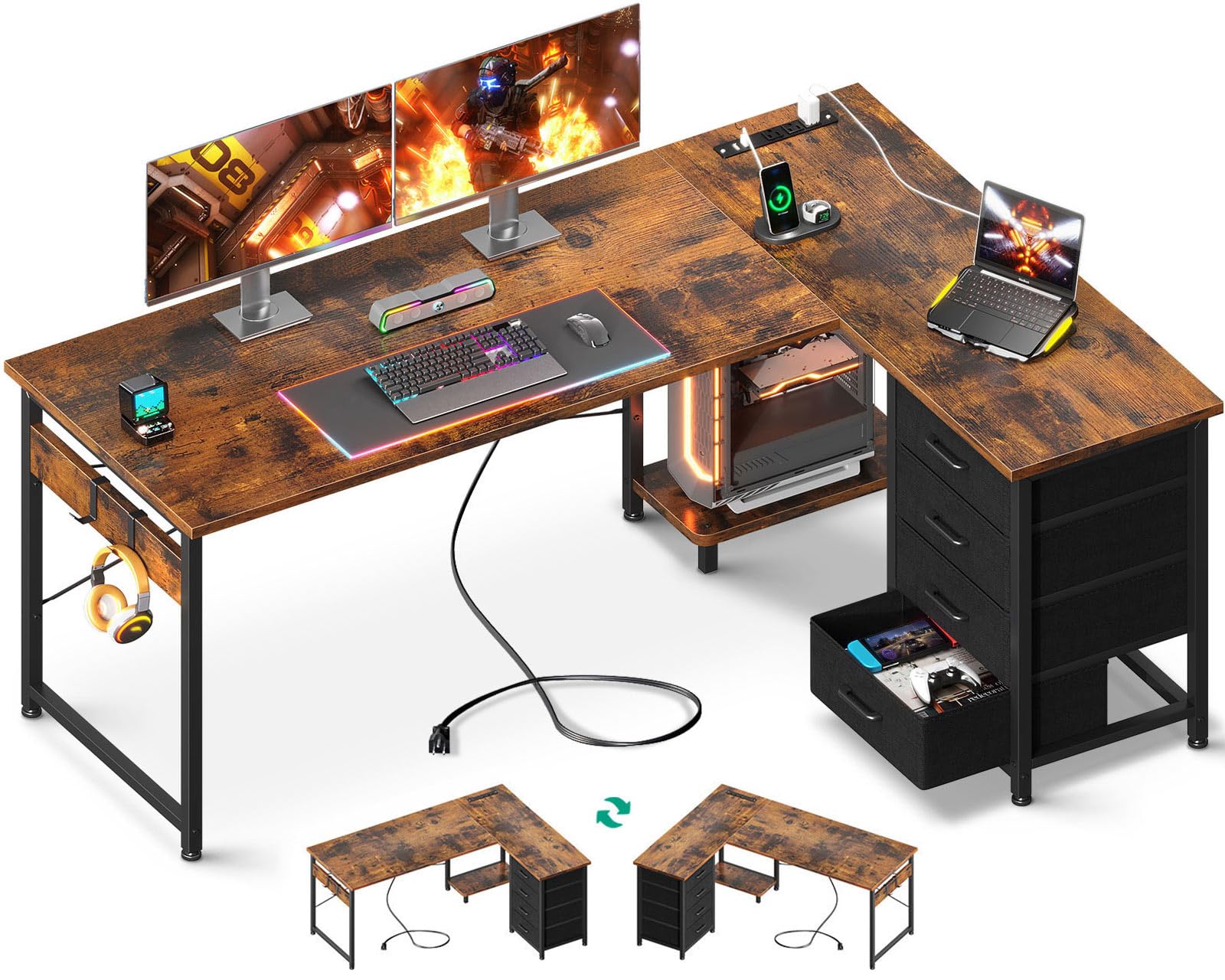 Aodk L Shaped Desk With 4 Tier Drawers, 61' Reversible Gaming Desk Wit ...