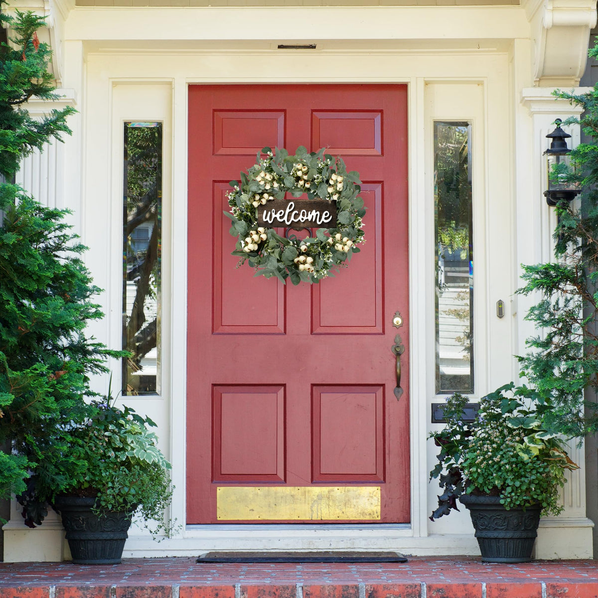 Sggvecsy Green Artificial Eucalyptus Wreath With Welcome Sign 20In Spr ...