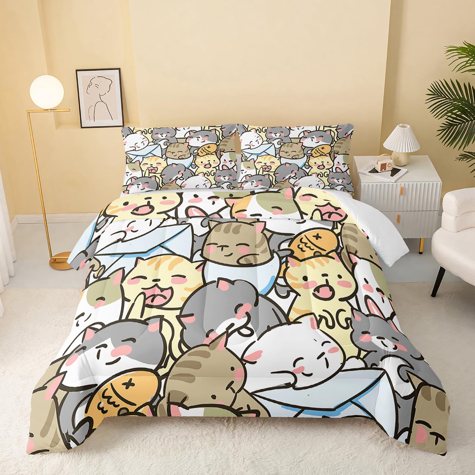 Qoomo Kawaii Cat Comforter Queen Size,Cute Cat Comforter Set For Kids ...