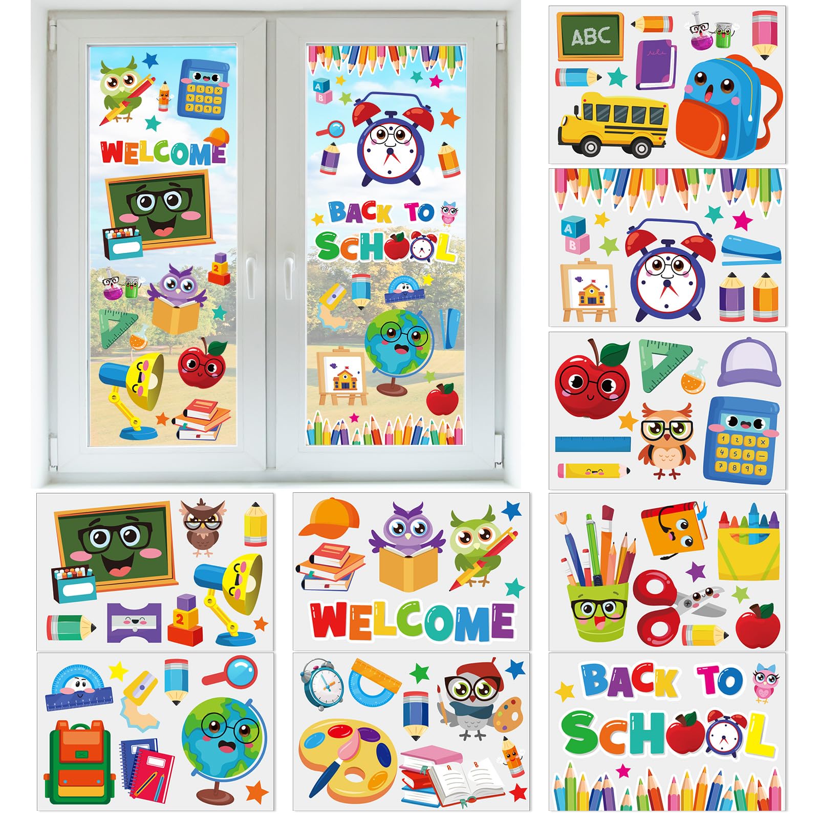 9 Sheets Back To School Window Clings Stickers First Day Of School Bus ...
