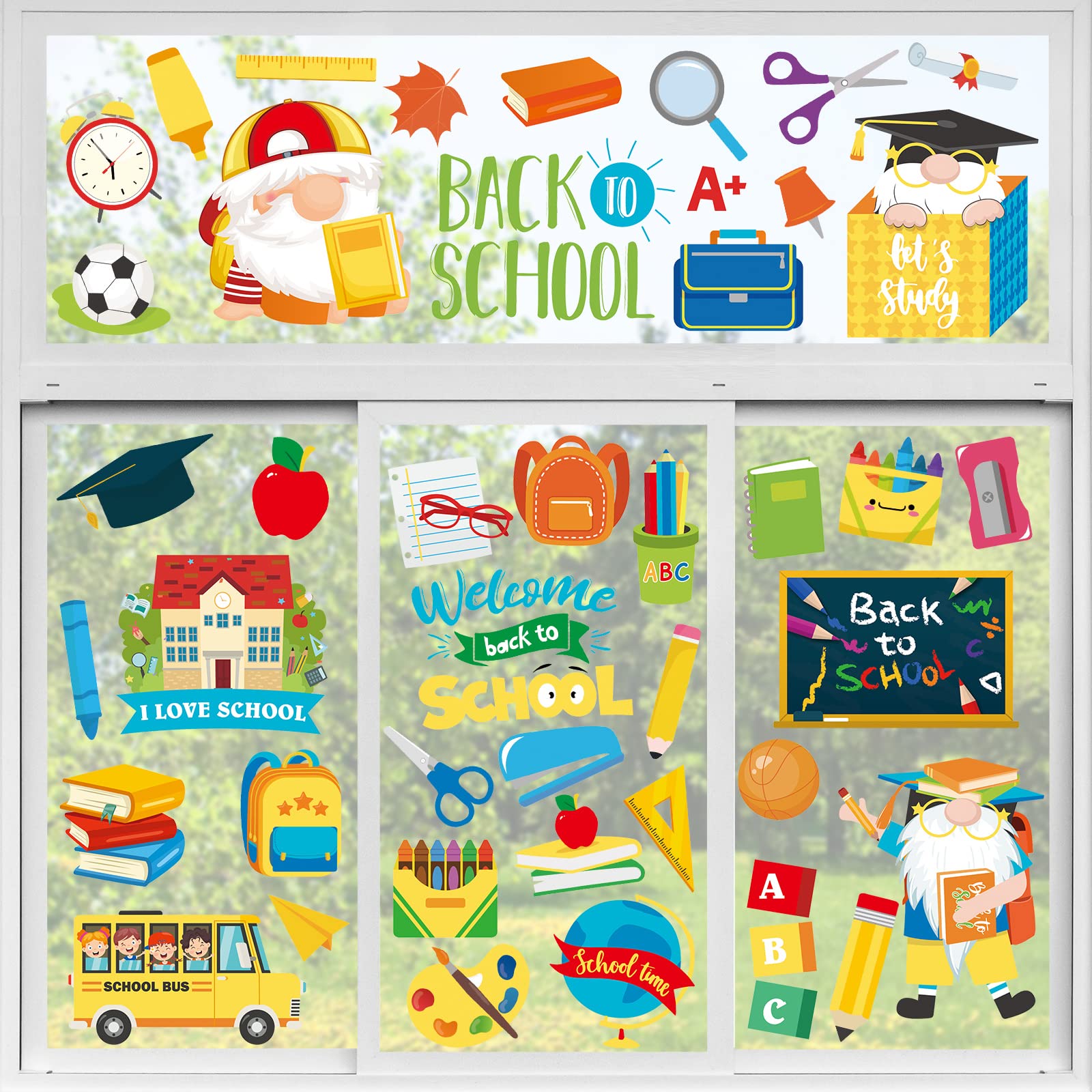 Whaline 8 Sheet Back To School Window Clings Stickers Gnome School Bus ...