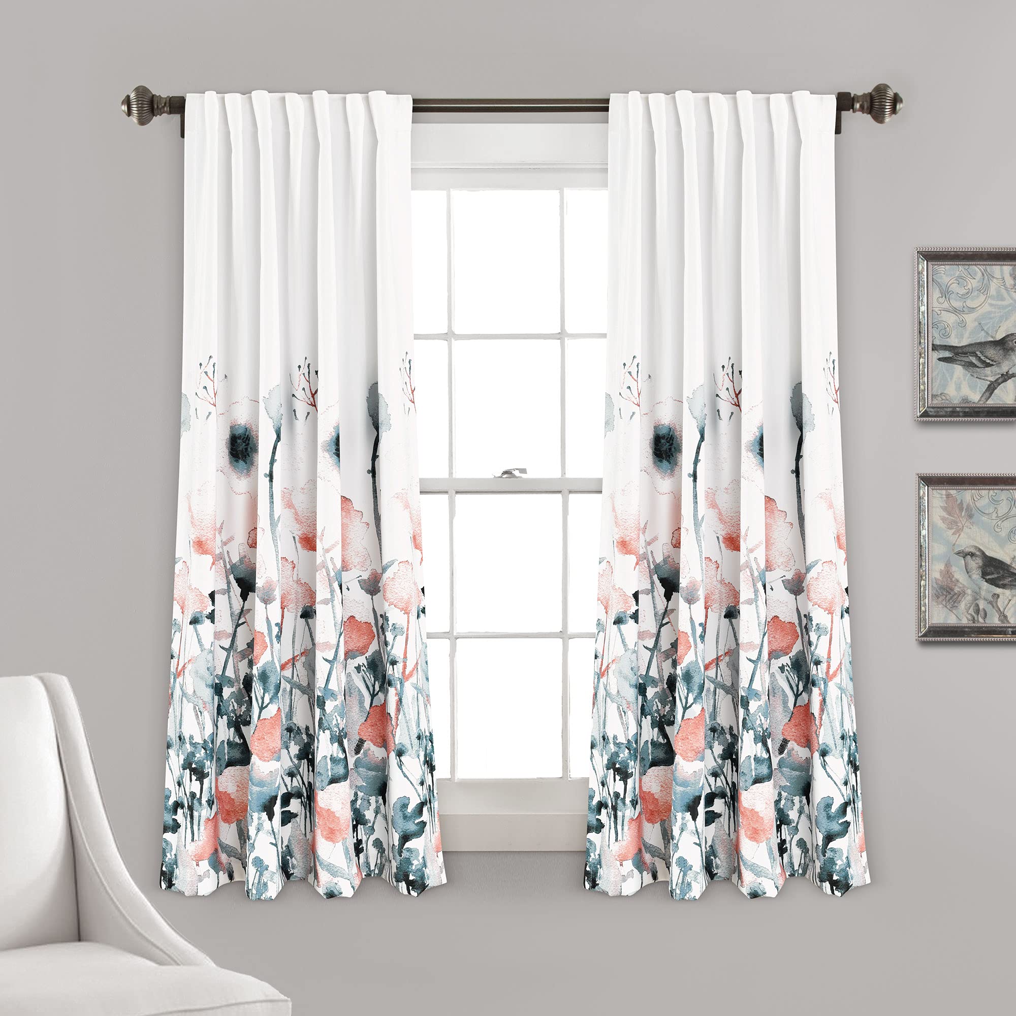 Lush Decor Zuri Flora Light Filtering Window Curtain Panel Pair, 63' L ...