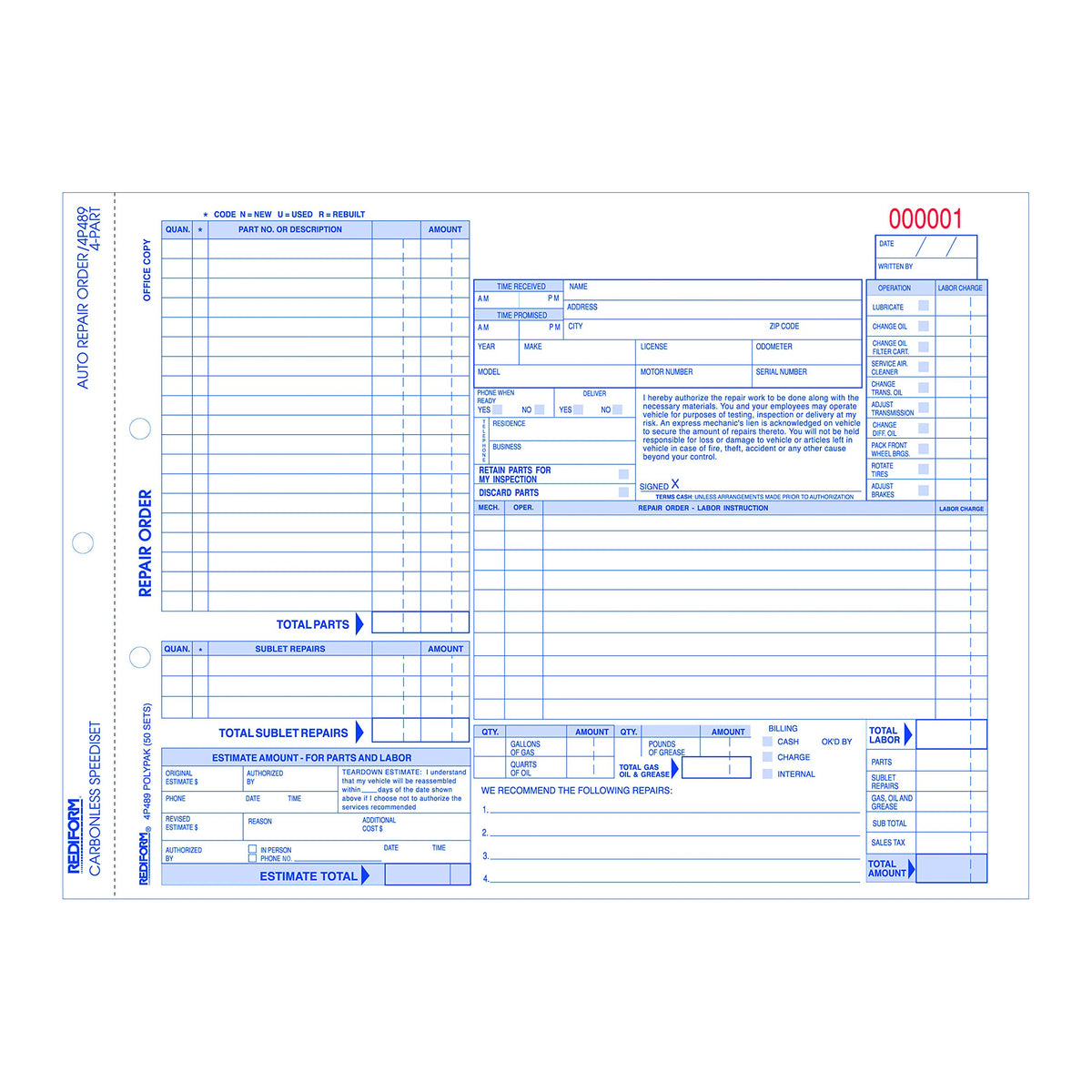 Rediform Speediset Four-Part Auto Repair Form, Four-Part Carbonless, 1 ...