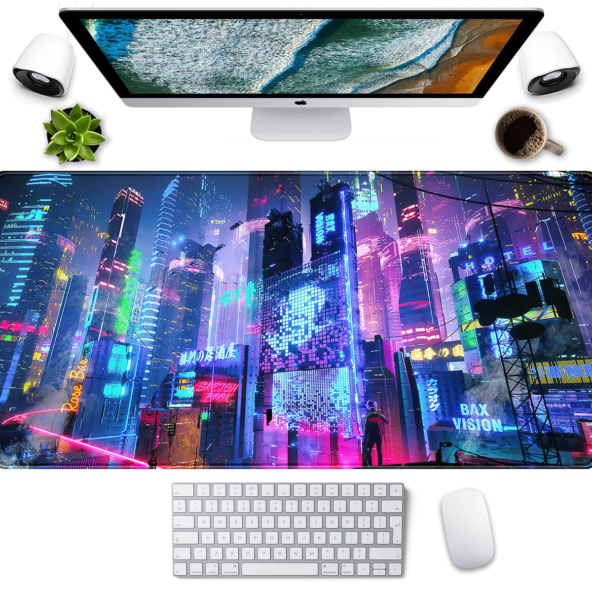 Japanese Street Desk Mat Futuristic Neon City Print Mouse Pad ...