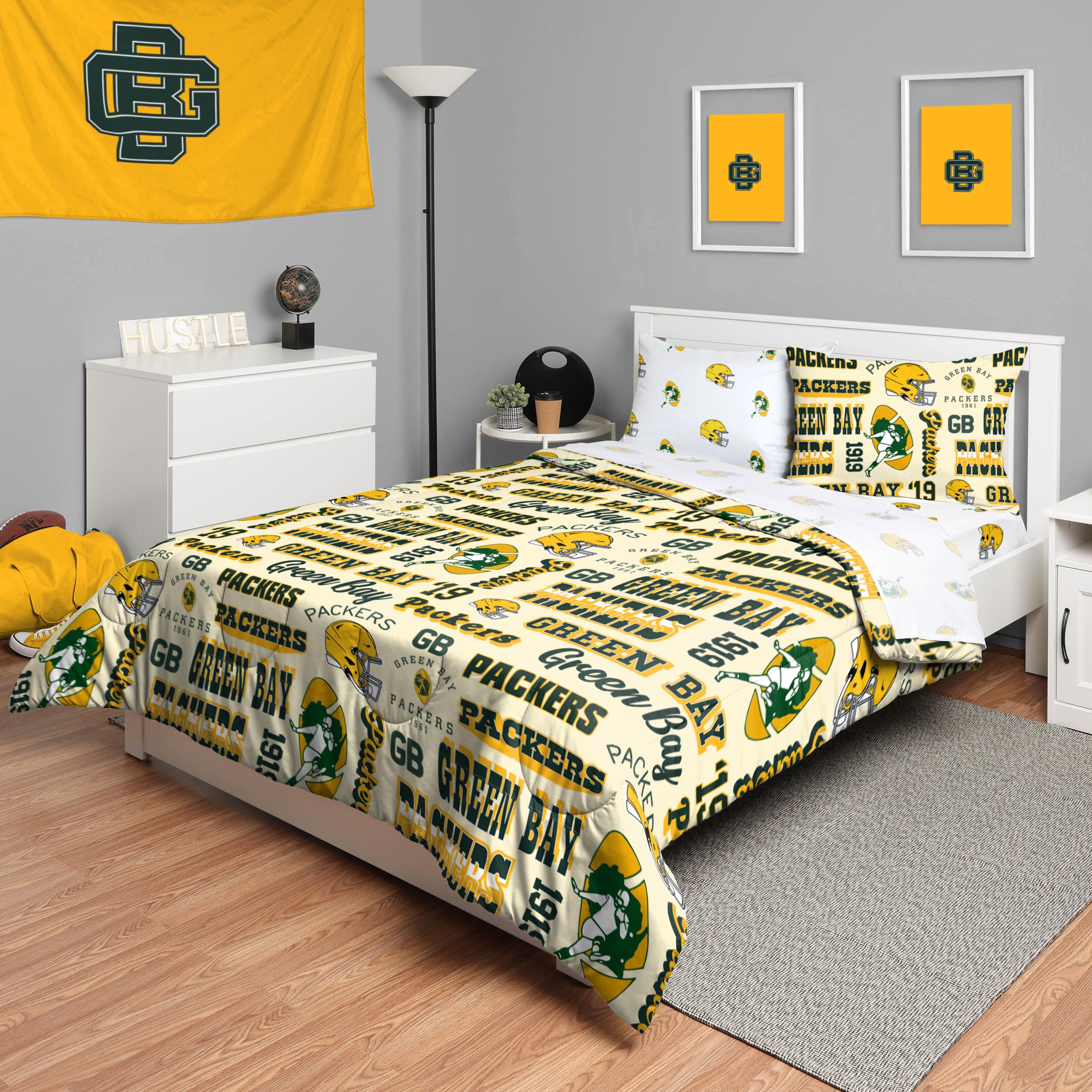 Foco Green Bay Packers Nfl Retro Bed In A Bag Comforter Bedding 5 Piec ...