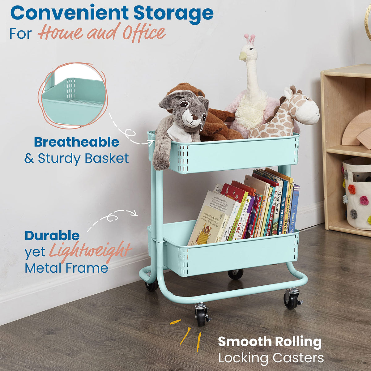 Ecr4Kids 2-Tier Metal Rolling Utility Cart - Under Desk Office Storage ...